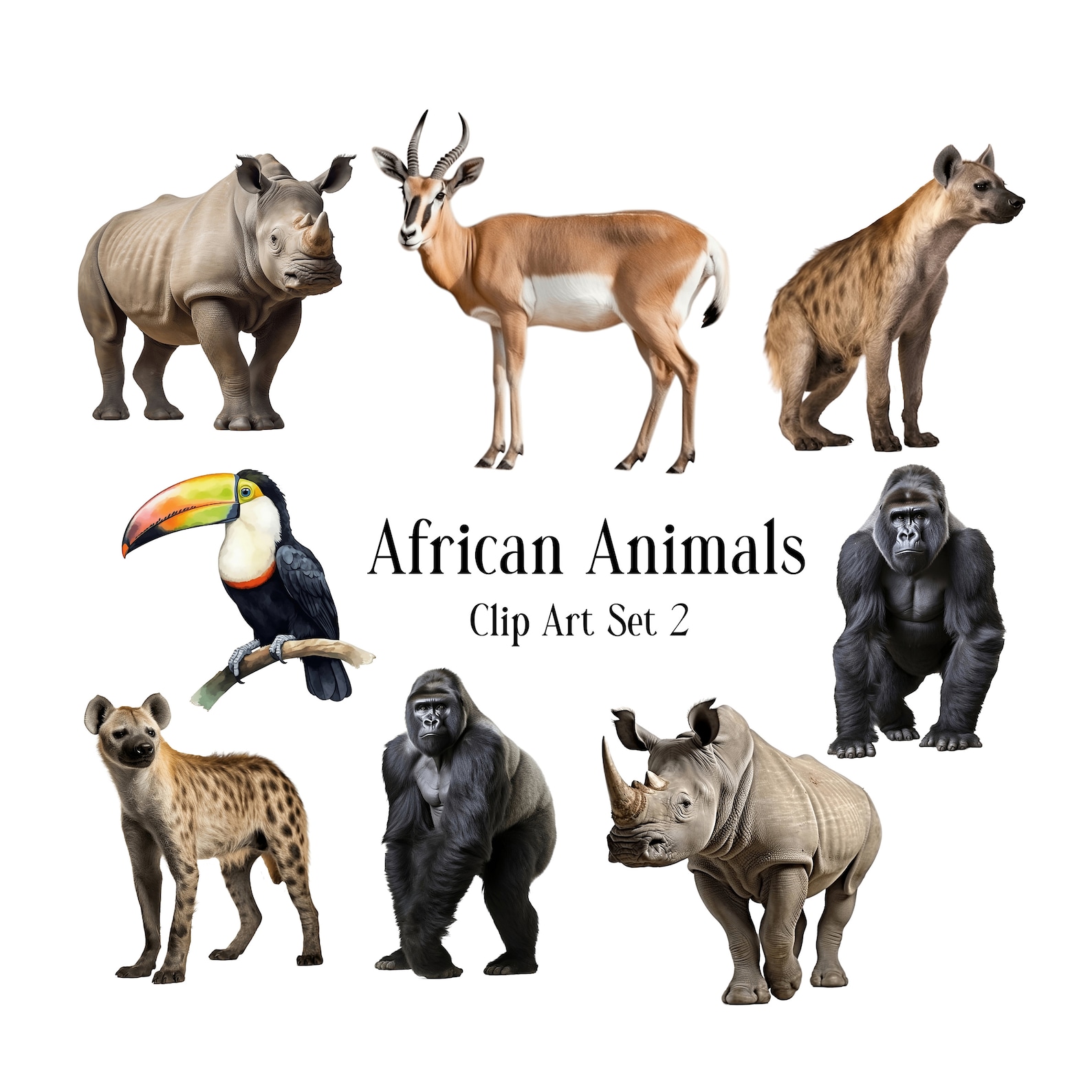 African Animals Clip Art Set 2 Clipart, Rhino, Hyena, Gazelle, Mountain ...