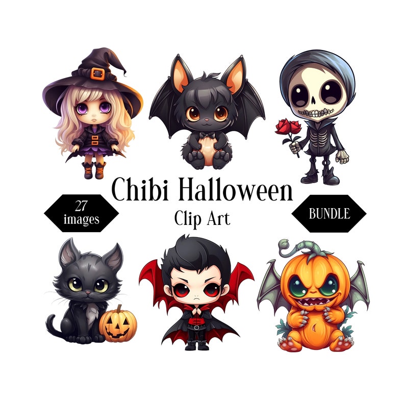 Chibi Halloween Clip Art Witches, Vampires, Ghost, Skeletons, Monsters ...