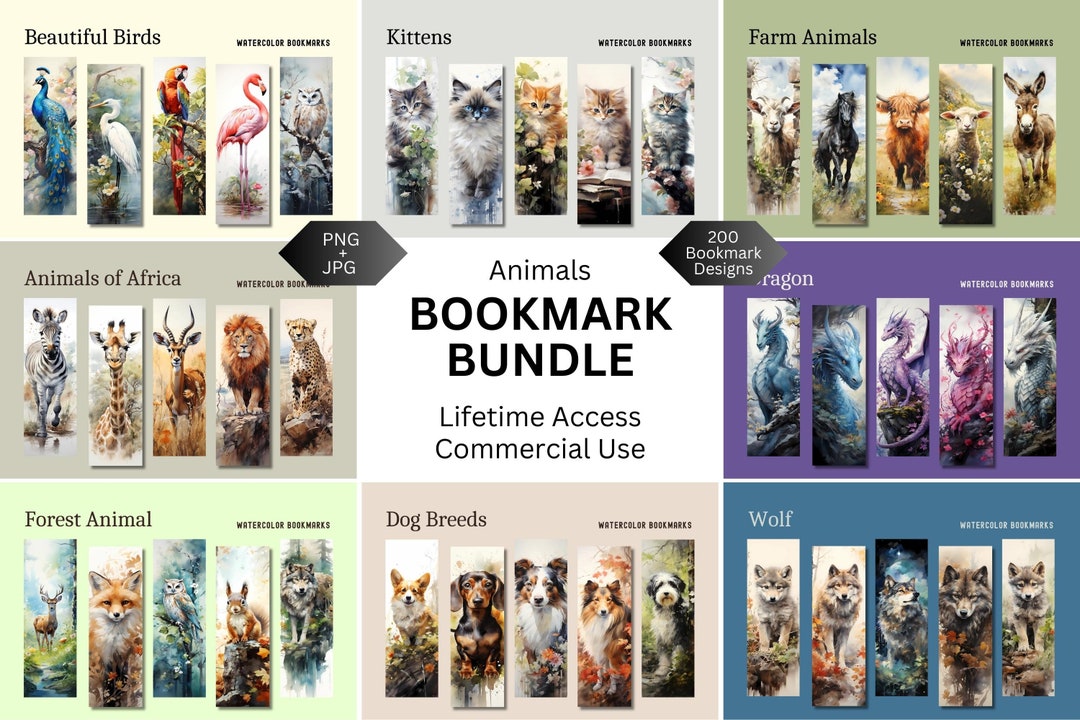 Bookmark Bundle - Animals, 200 Bookmark Designs, PNG + JPG, Sublimation ...