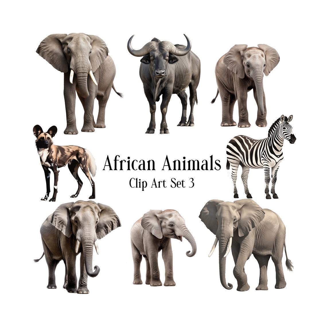 African Animals Clip Art Set 3 Clipart, Elephants, Cape Buffalo, Wild ...