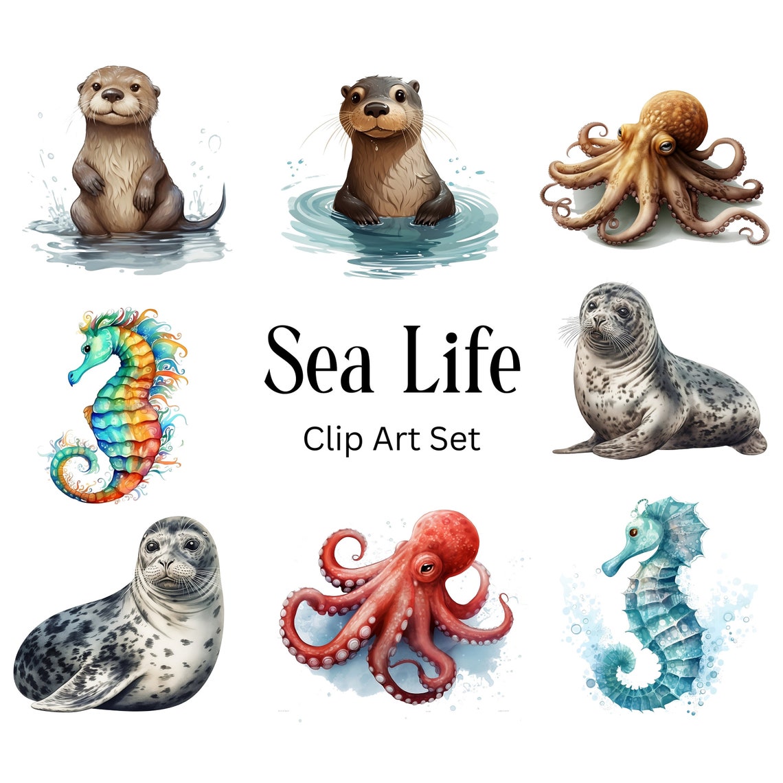 Ocean Life Clip Art Set – Sea Animals, Scrapbook Graphics (digital ...