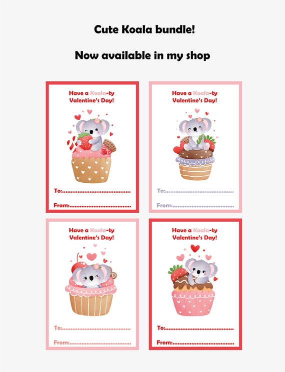 A4 Cute Koala Printable Valentine's Card Girl Valentine 11 x 8.5 ...