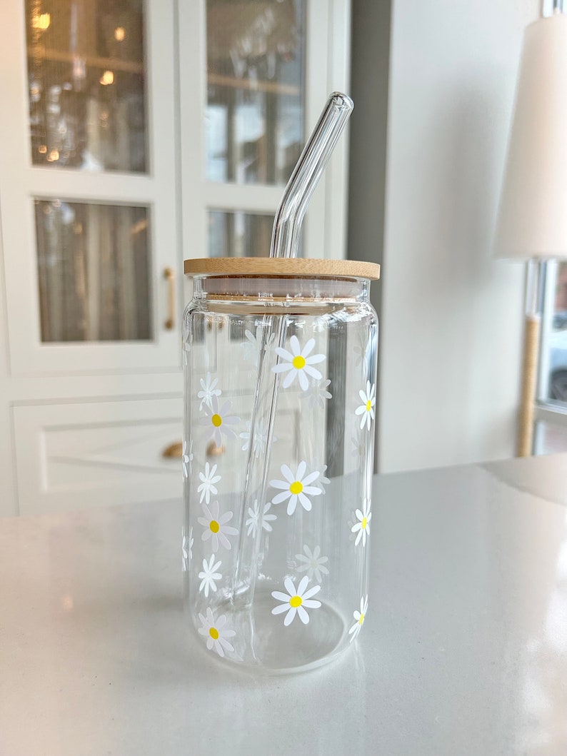 Daisy Iced Coffee Glass Cup Summer Floral Glass Cup With Bamboo Lid And