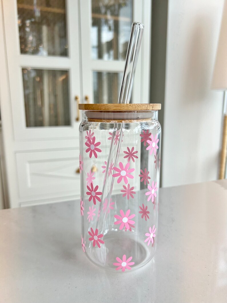 Daisy Iced Coffee Glass Cup Summer Floral Glass Cup With Bamboo Lid And