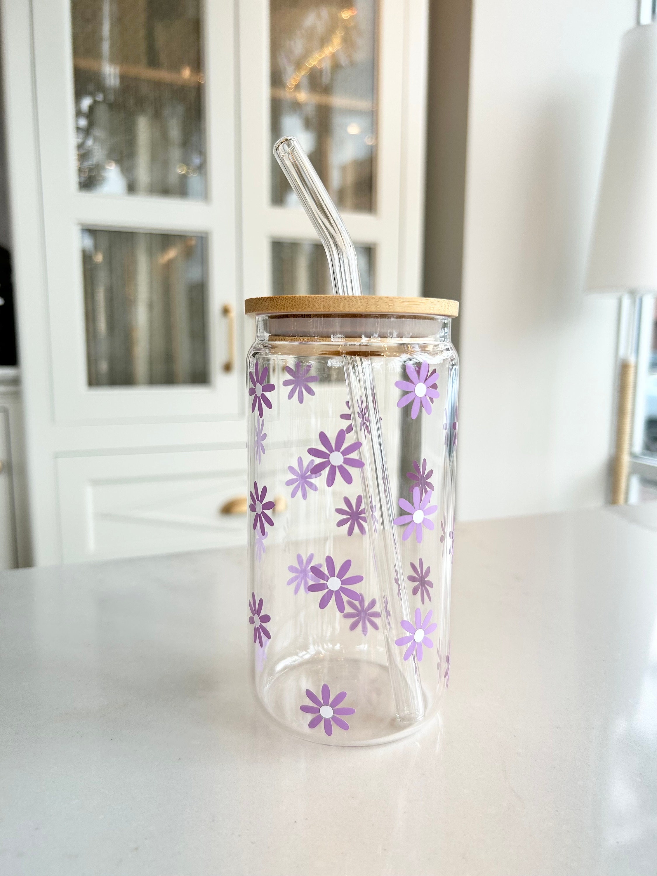 Daisy Iced Coffee Glass Cup Summer Floral Glass Cup With Bamboo Lid And