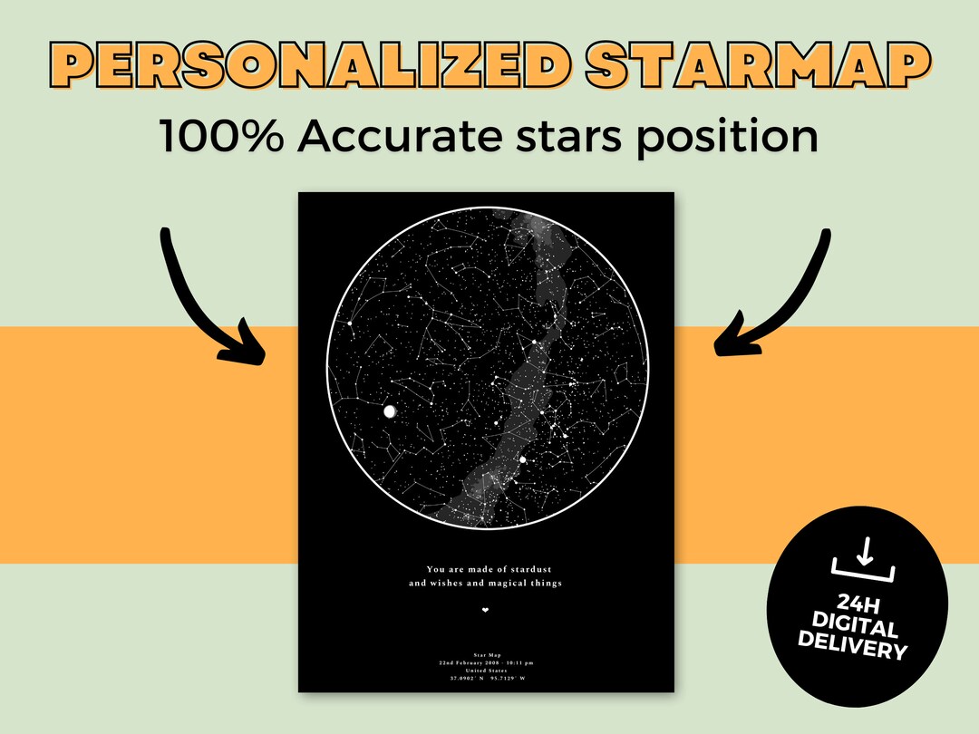 Digital Personalized Star Map, Star Map at the Moment, Customizable ...