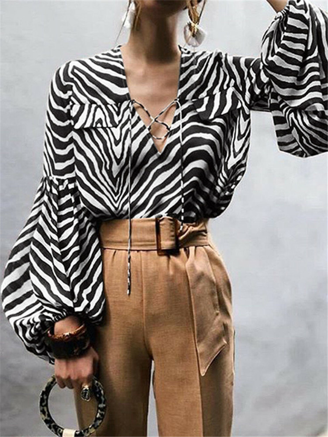 Print Zebra Pattern V Neck Long Sleeve Blouse - Etsy
