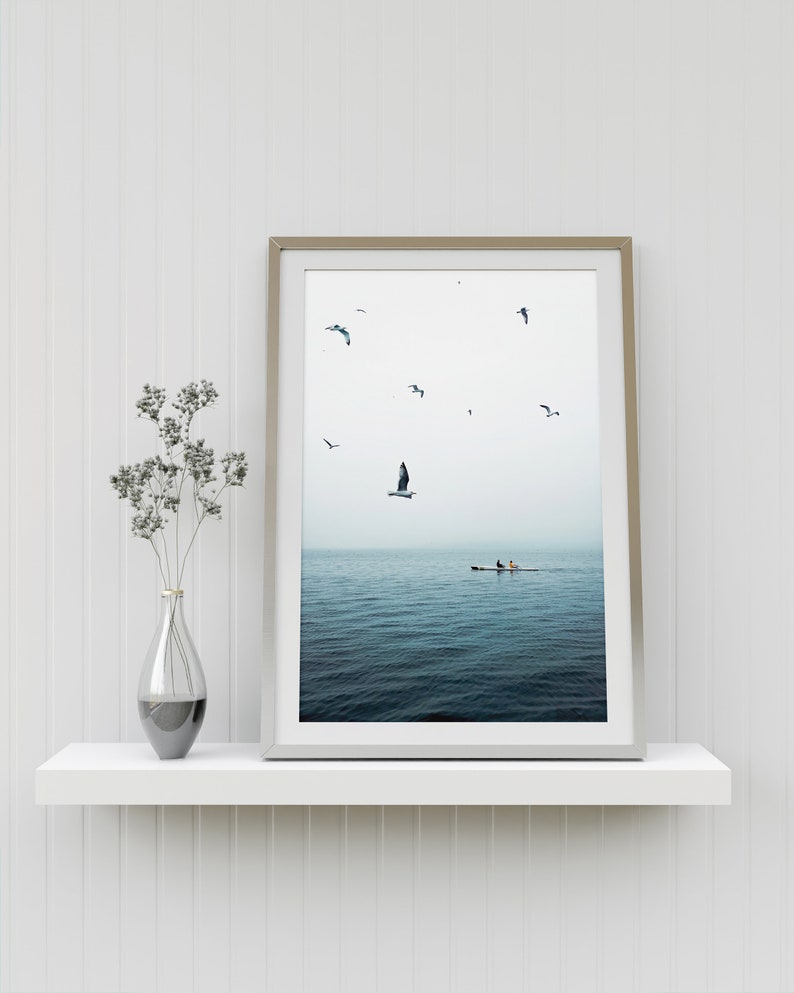 Seagulls and Boat on the Sea, Rowing Wall Art, Rower Gift, Abstract ...
