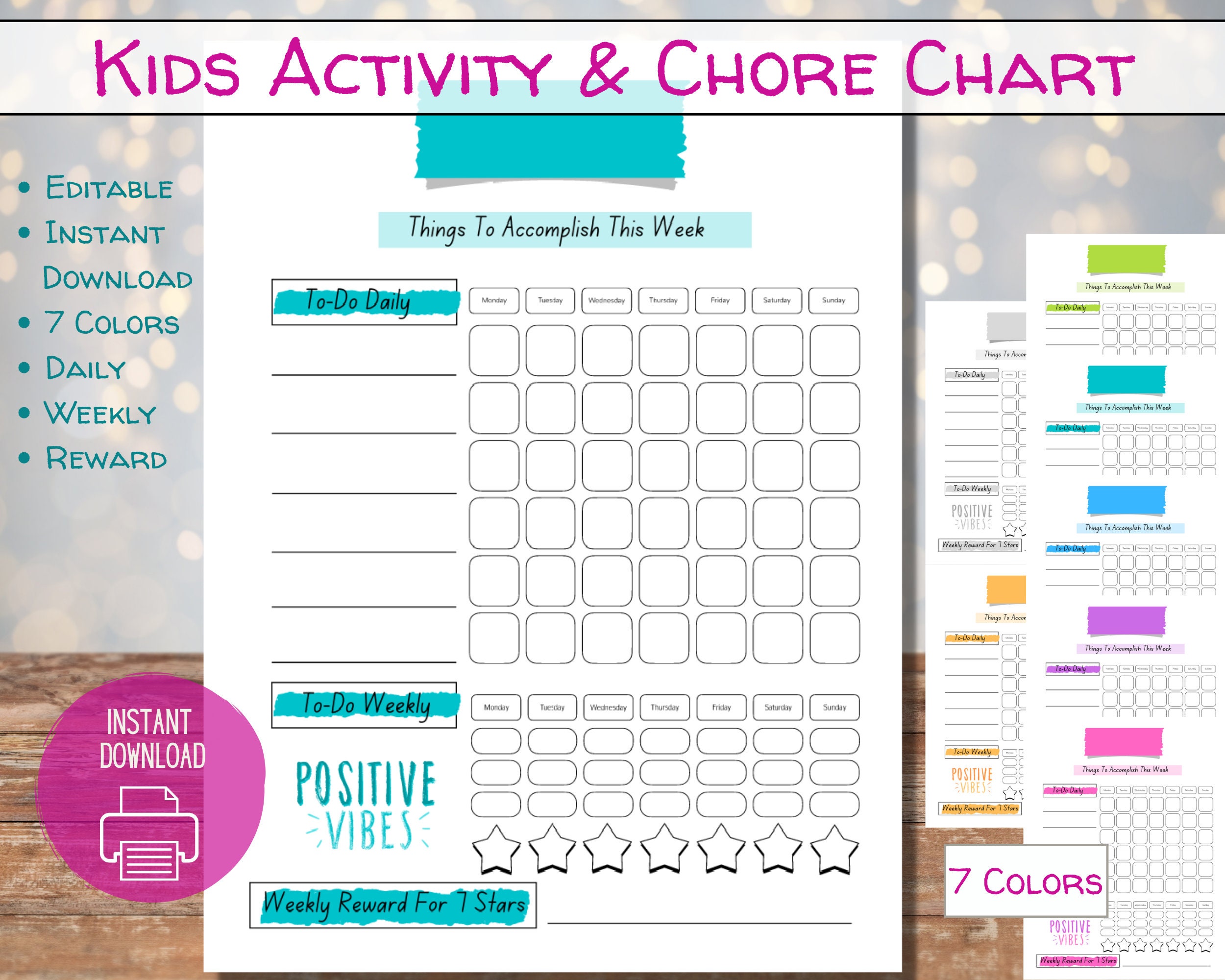 EDITABLE Chore Chart for Kids Digital Download Printable Planner for ...
