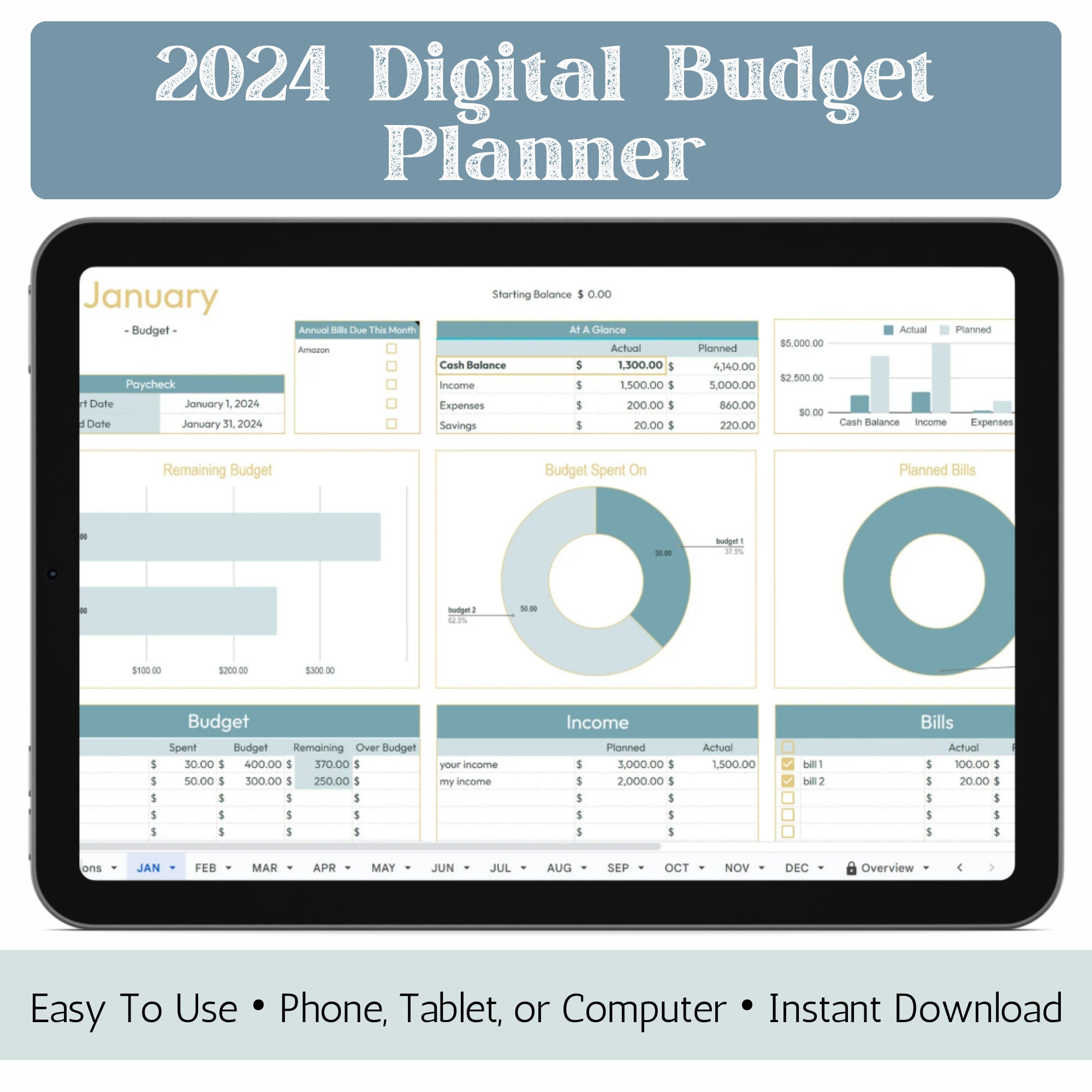 2024 Digital Budget Planner Spreadsheet Monthly Budget Tracker ...