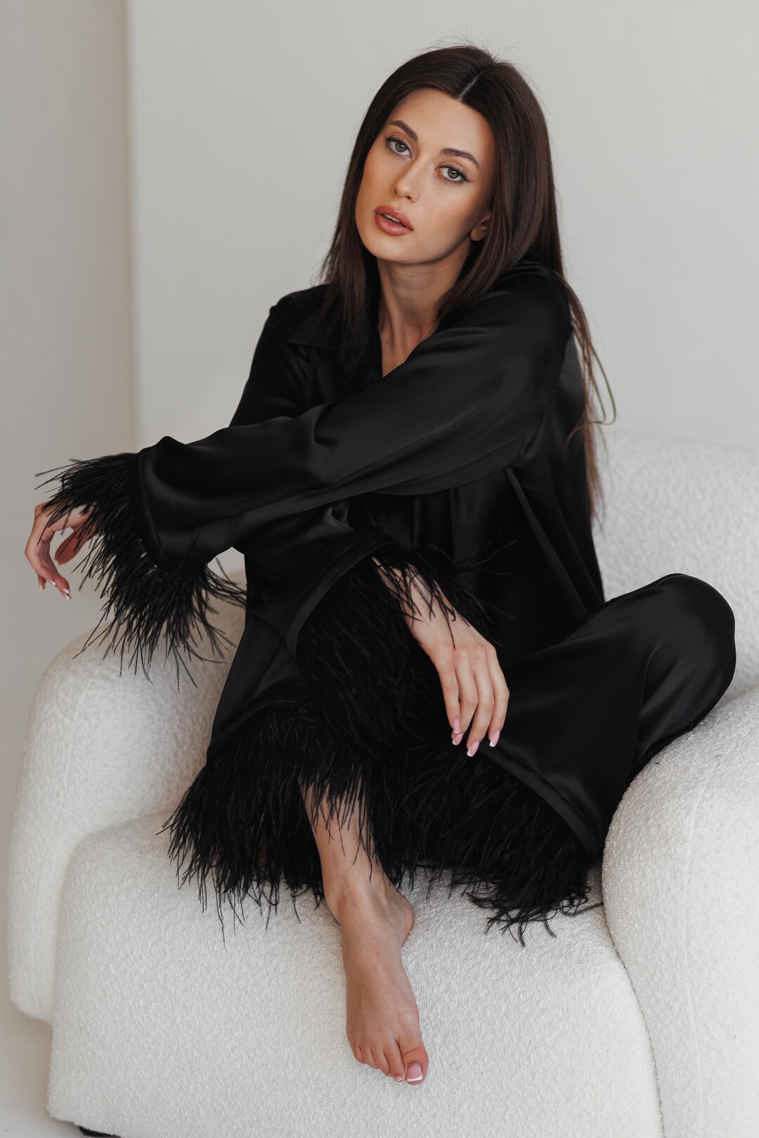 Black Silk Satin Pyjama Suit With Feathers - Etsy