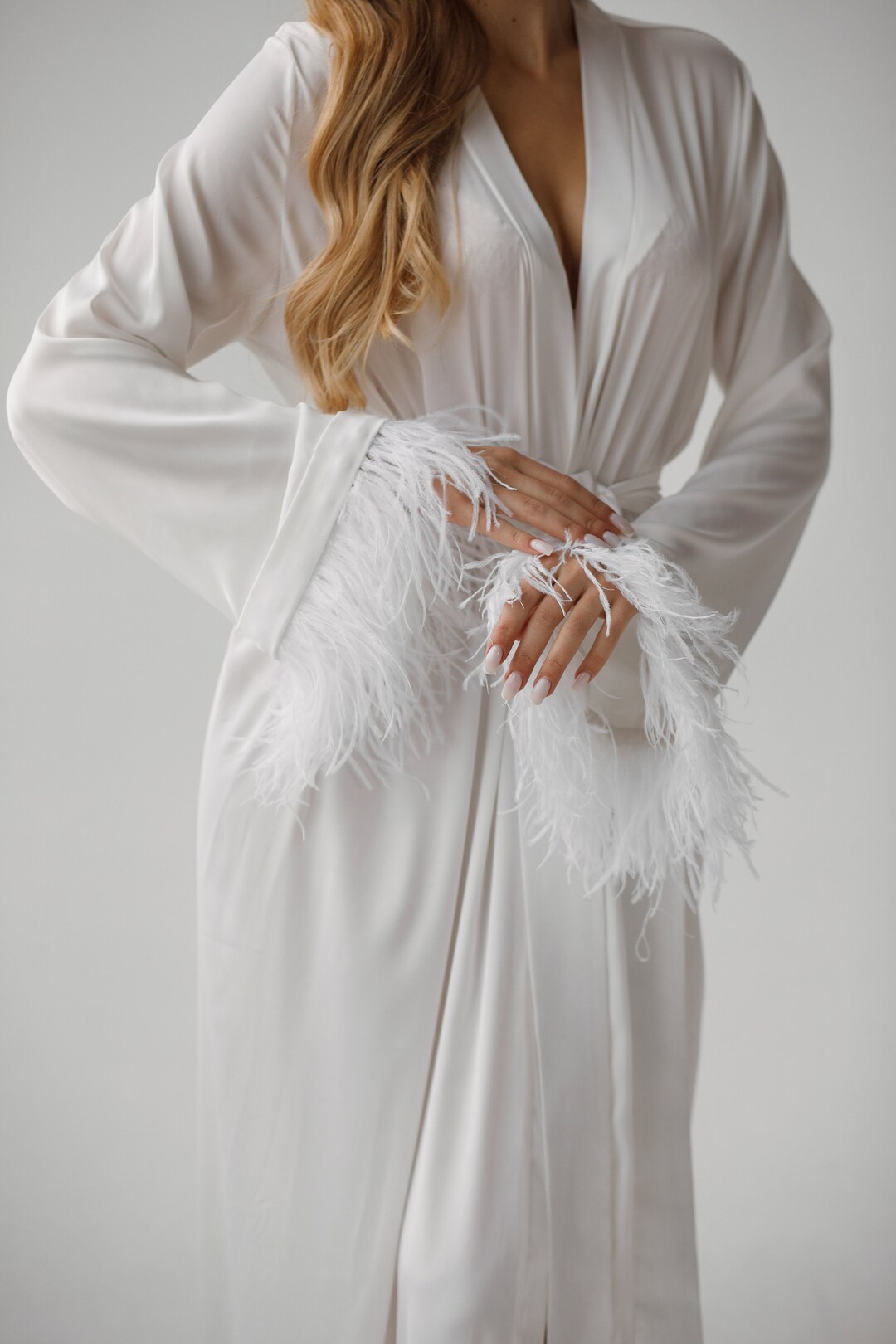 Satin Silk Long Robe With Feathers - Etsy