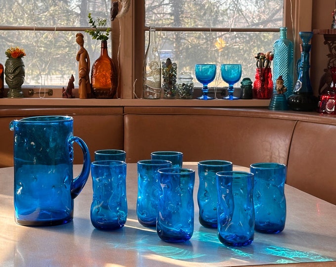 Vintage Blenko Dimpled Glass Pitcher With 8 Large Glasses Tumblers ...