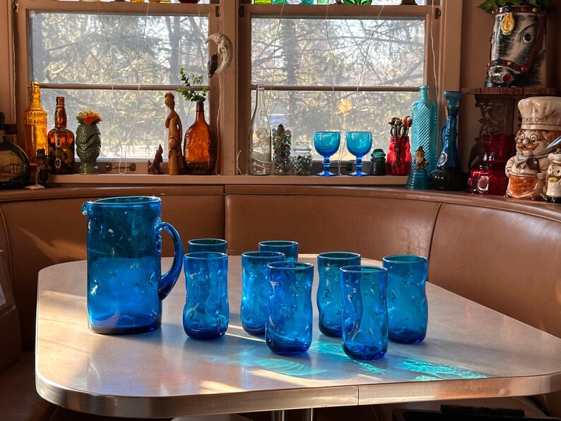 Vintage Blenko Dimpled Glass Pitcher With 8 Large Glasses Tumblers ...