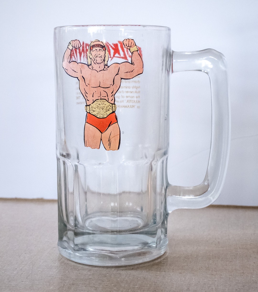 Vintage Hulk Hogan 32 Oz Glass Mug Huge Heavy Glass With WWF WWE