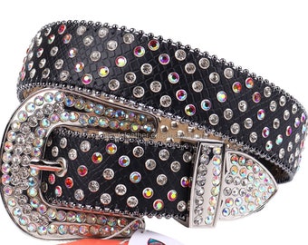 Rhinestone Leather Belt - Etsy