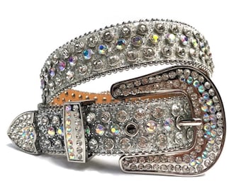 Vintage Rhinestone Leather Belt, Vintage 90s, Silver Blue, Size 34 ...