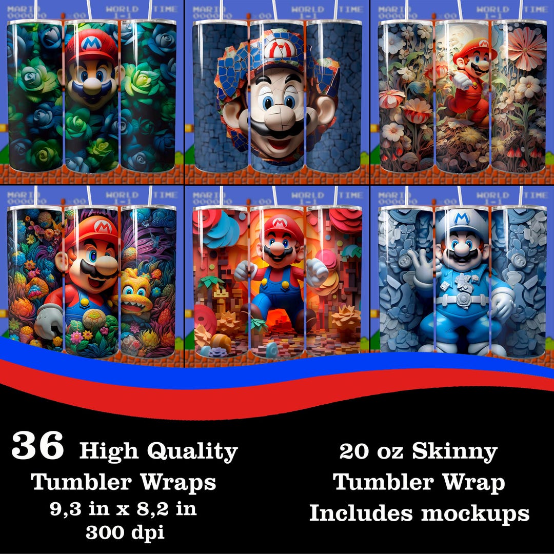 36 Mario Bros. Digital Designs for 20 Oz Tumblers, Super Mario Bros. 20 ...