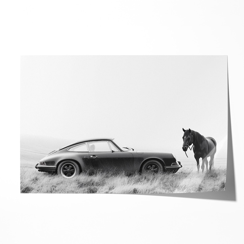 Vintage Porsche 911 and Horse Print: Black and White Sports Car ...