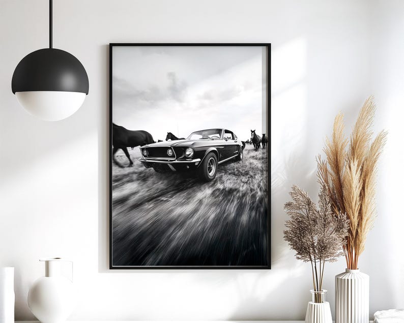 Classic Mustang & Running Horses Print – Black and White Muscle Car ...