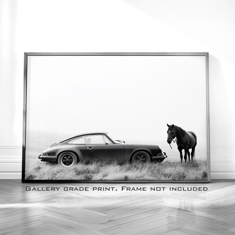 Vintage Porsche 911 and Horse Print: Black and White Sports Car ...