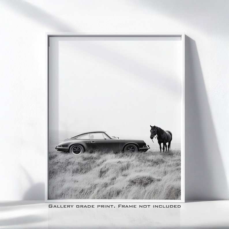 Vintage Porsche 911 and Horse Print: Black and White Sports Car ...