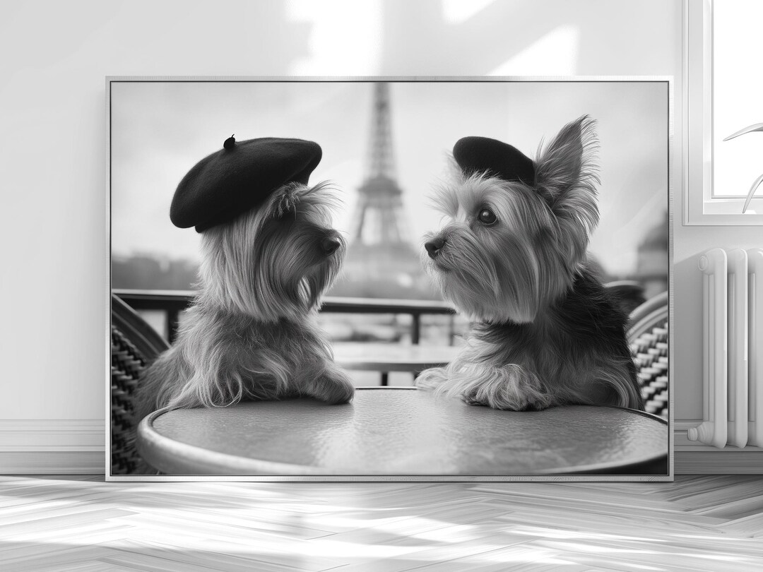 Paris Yorkie Art Print: Eiffel Tower Cafe, Black and White Dog Photo - Etsy