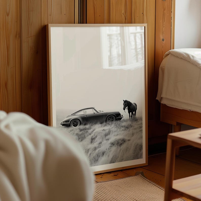 Vintage Porsche 911 and Horse Print: Black and White Sports Car ...
