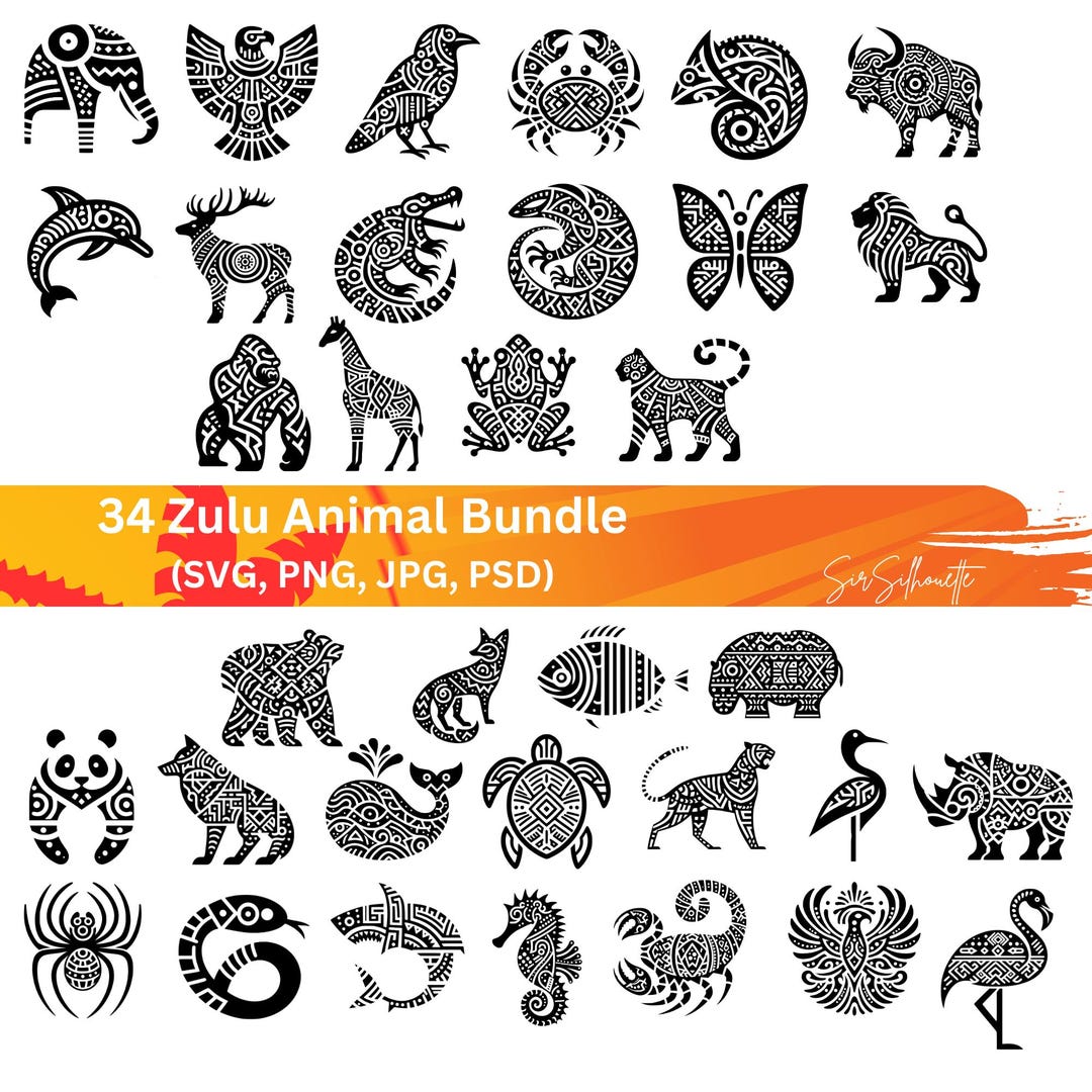 Zulu Animal SVG Bundle, 34 Zulu Designs, PNG, PSD - Etsy