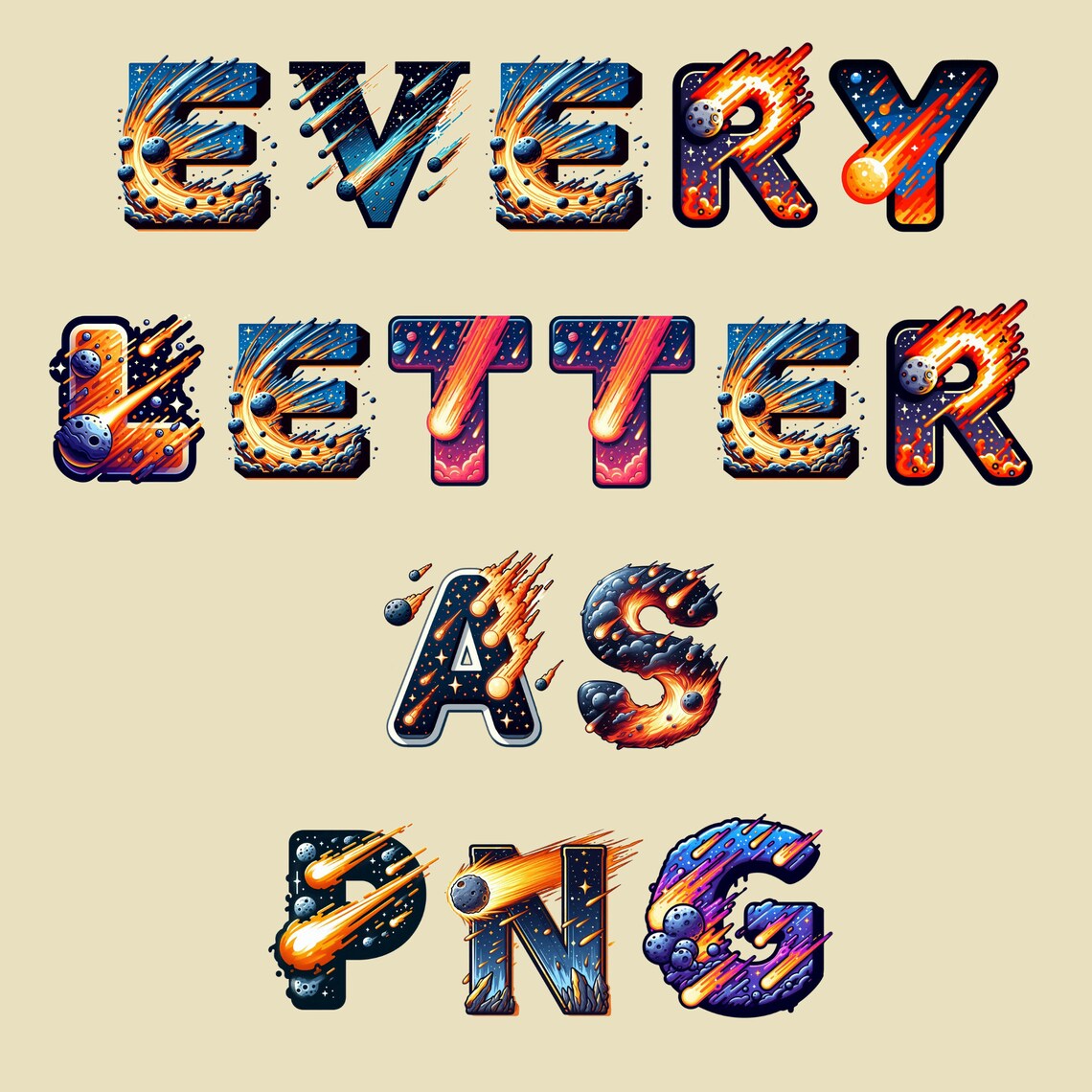 Meteor Font, Alphabet With Asteroid Design, Meteor Letters as Png - Etsy