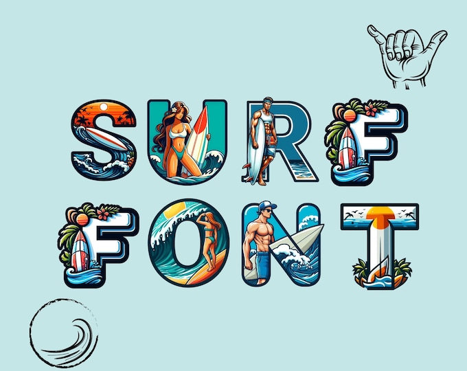 Alphabet Surf A-Z Font Digital Art Svg Glowforge Laser File 0-9 Bundle ...