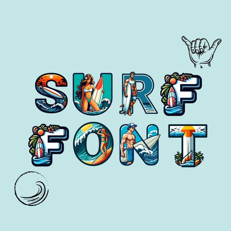 Surf Font, Alphabet With Surf Design, Surf Letters as Png - Etsy