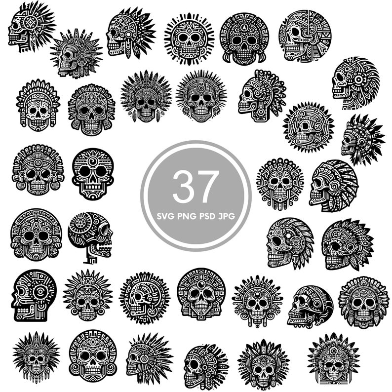 Cráneo azteca SVG, 37 Paquete SVG azteca, PNG, PSD - Etsy México