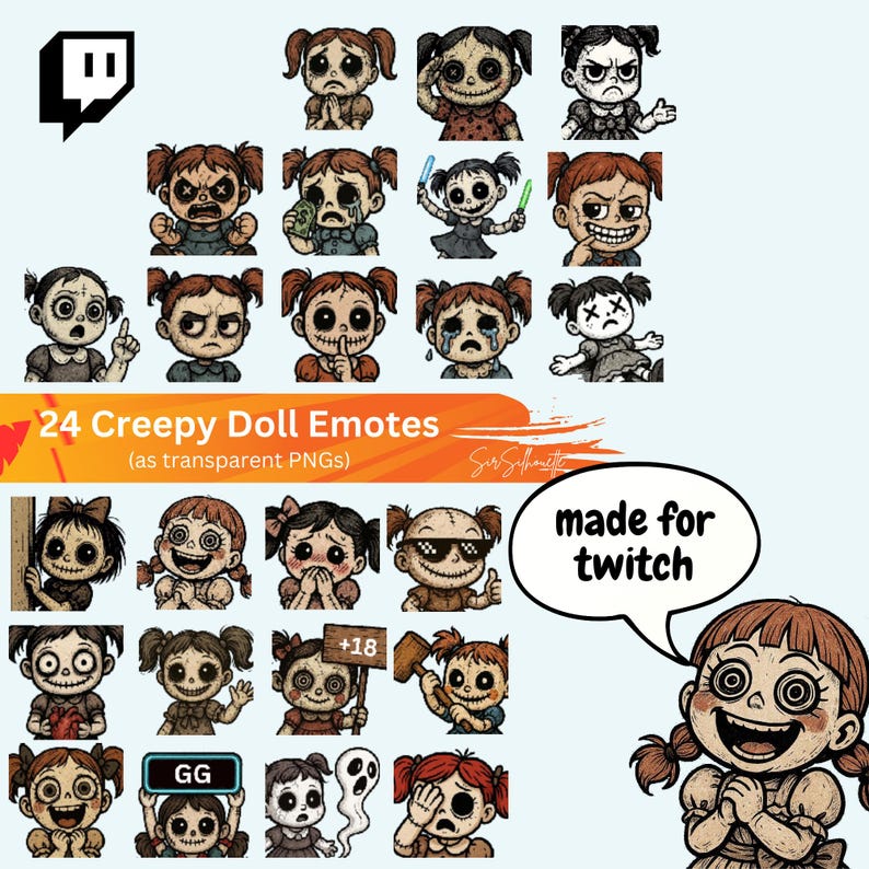 Creepy Doll Twitch Emotes Pack - 24 Horror Cute Antique Stream Graphics ...