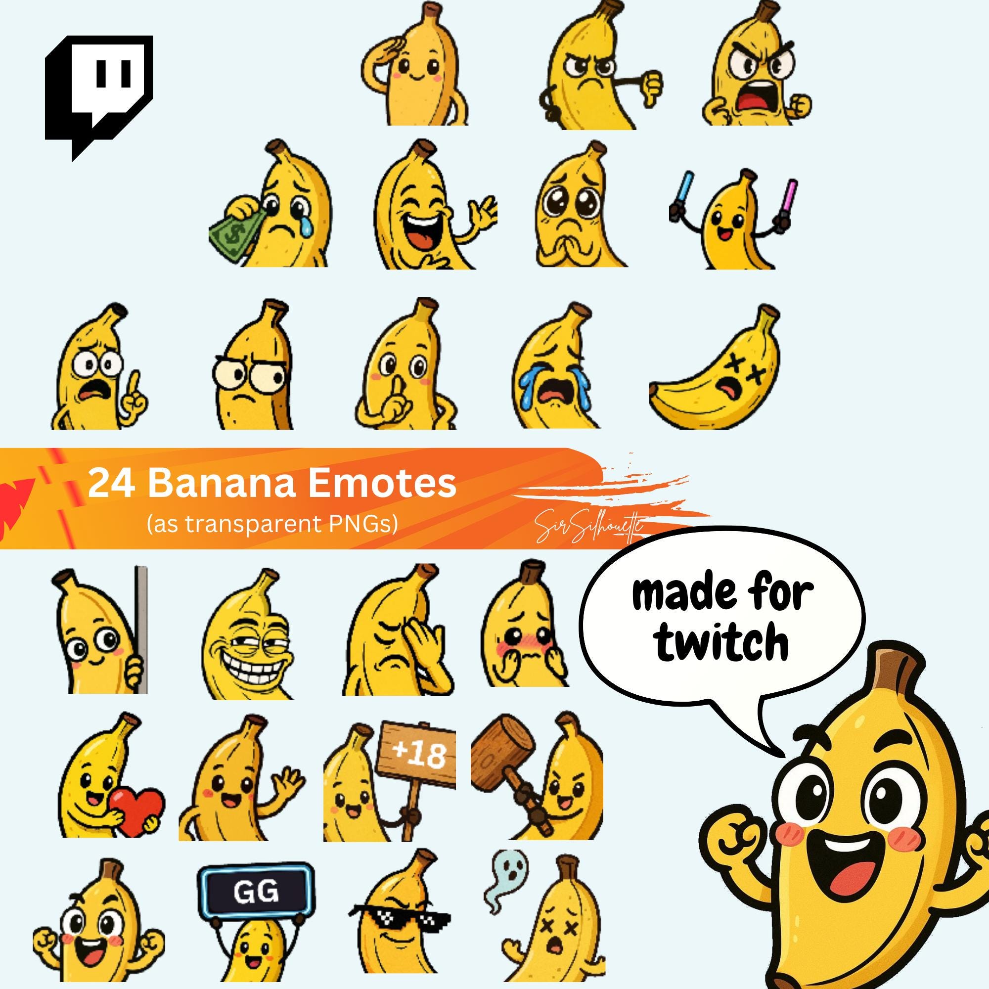 Banana Twitch Emotes Pack - 24 Funny Fruit Streamer Graphics - Etsy