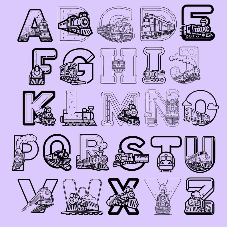 Train Coloring Font, Alphabet With Train Design, Train Letters as Png ...