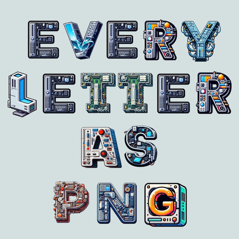 Computer Font, Alphabet With Tech Design, Cyber Letters as Png - Etsy