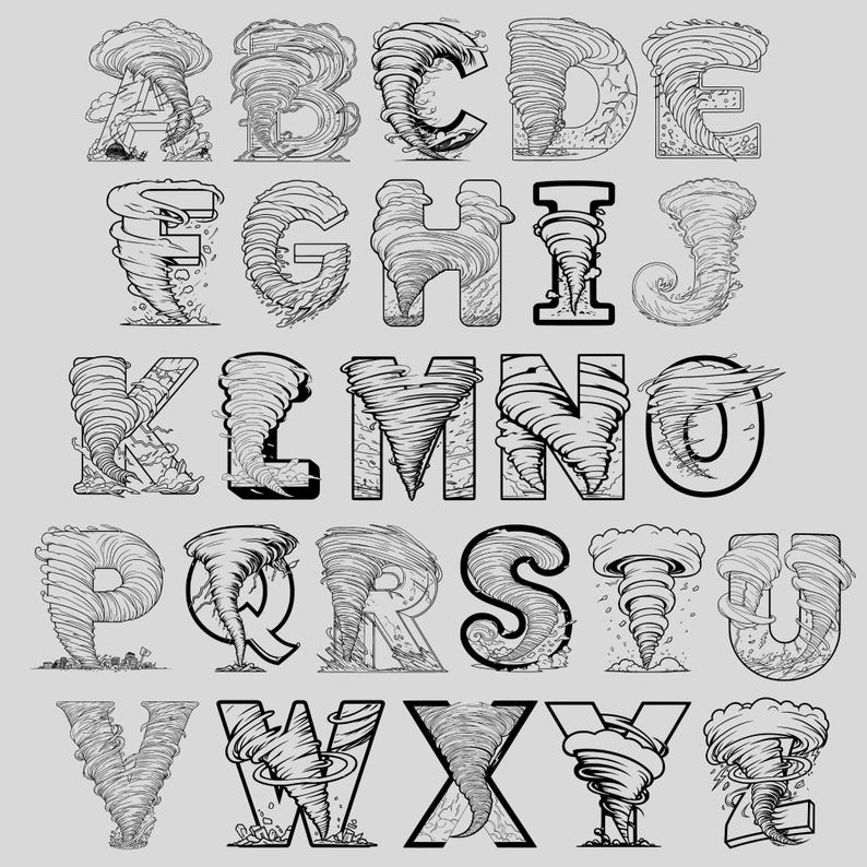 Tornado Coloring Font, Alphabet With Tornado Design, Tornado Letters as ...