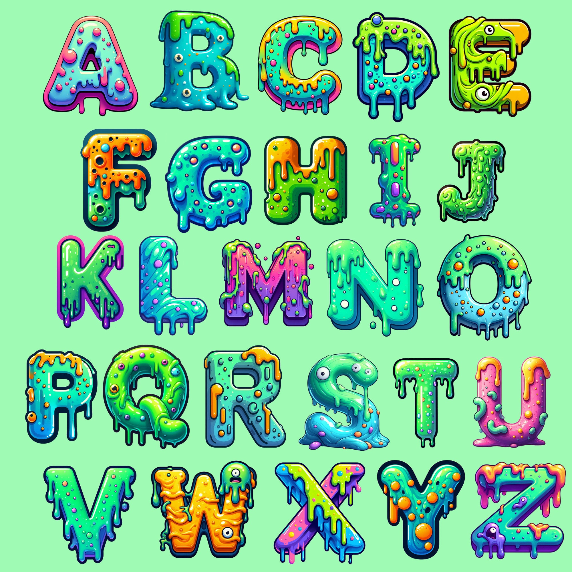 Slime Alphabet Clipart, Gooey PNG Letters, Toxic Neon Typography ...