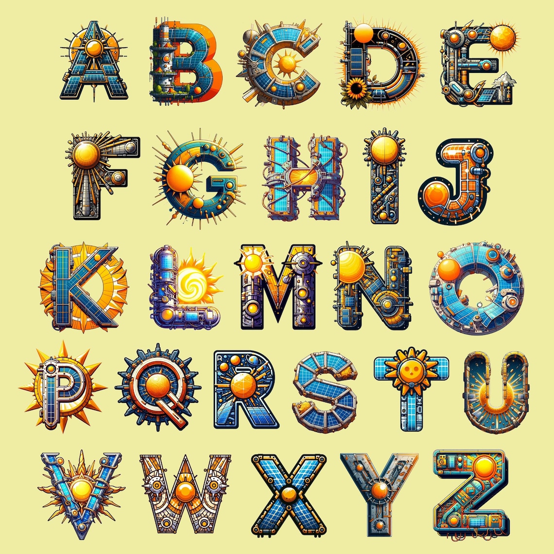 Solarpunk Font, Alphabet With Solarpunk Design, Solarpunk Letters as ...