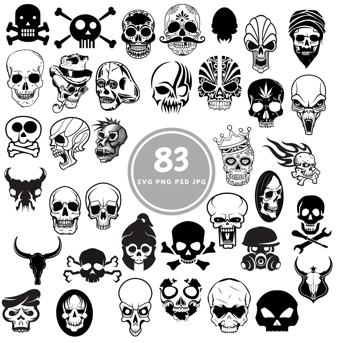 Skull SVG, 83 Skull Svg Bundle, PNG, PSD - Etsy
