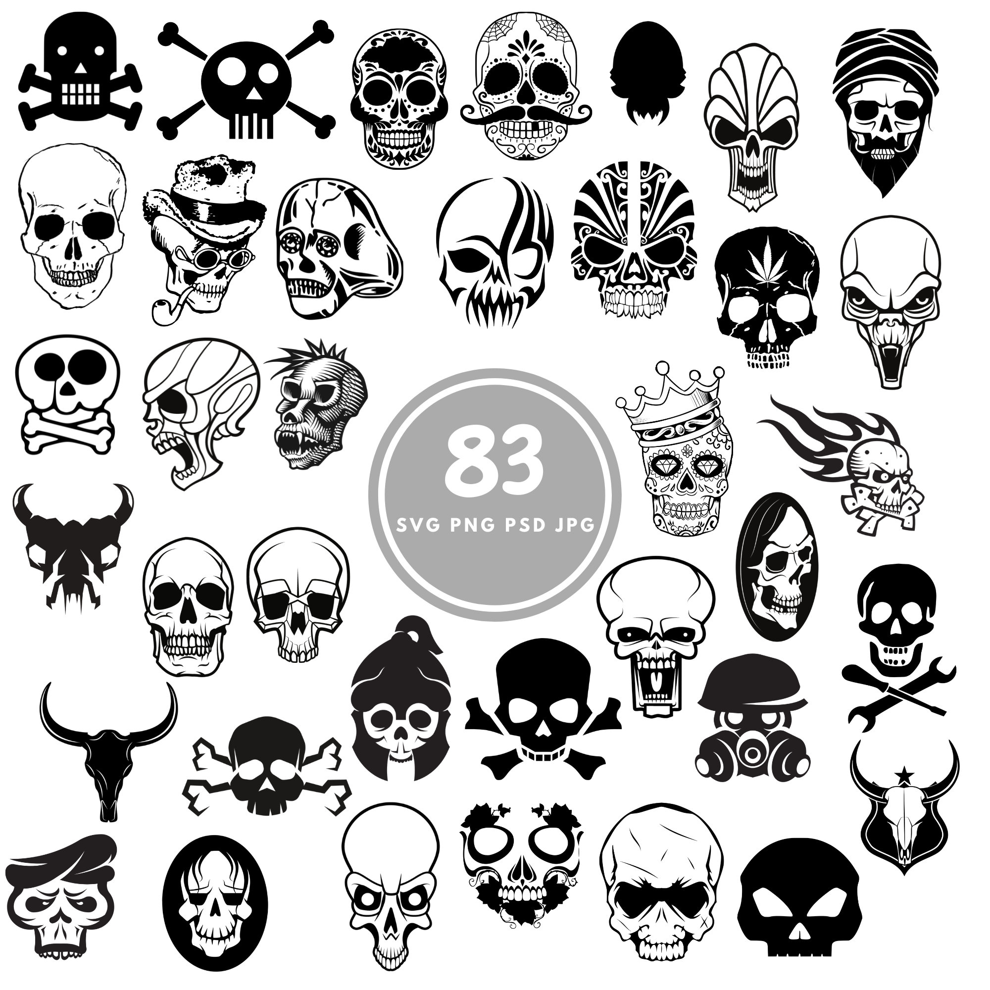 Skull SVG, 83 Skull Svg Bundle, PNG, PSD - Etsy