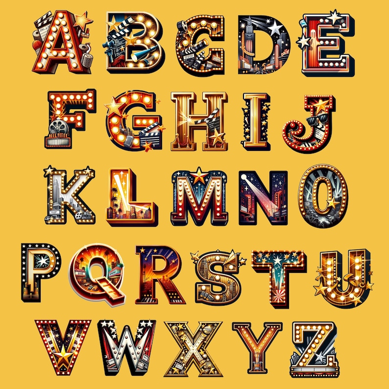 Hollywood Alphabet Clipart, Cinema Letters PNG, Movie Star Sublimation ...