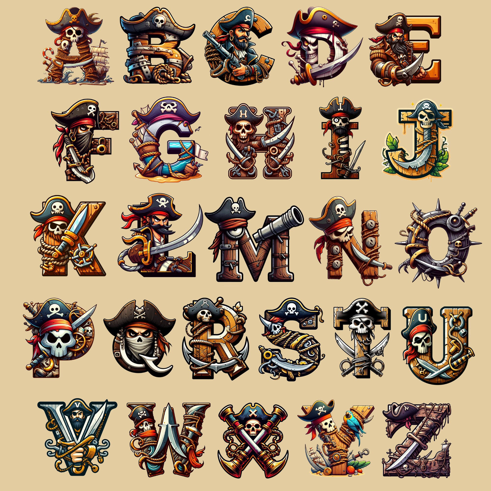 Pirate Font, Alphabet With Treasure Design, Jolly Roger Letters as Png ...