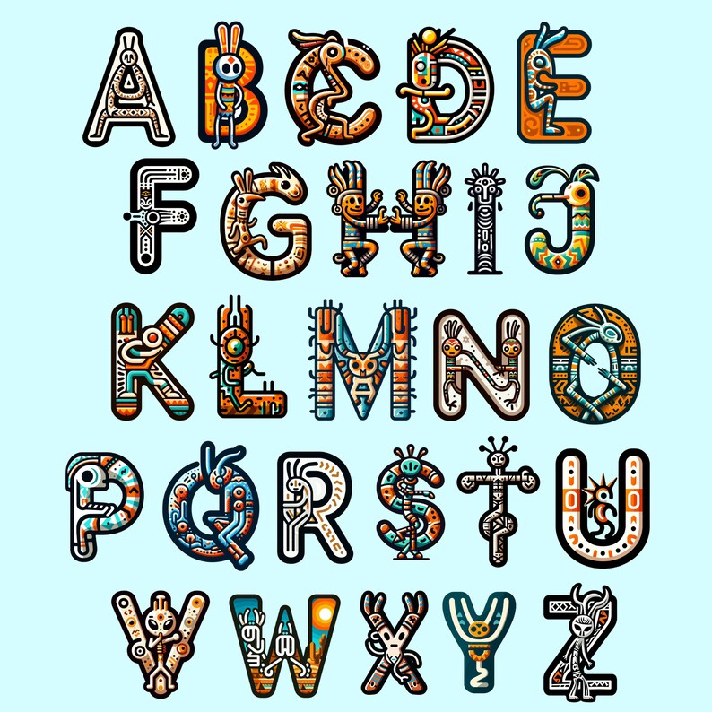 Kokopelli Alphabet Clipart, Tribal Letters PNG, Southwest Spirit ...