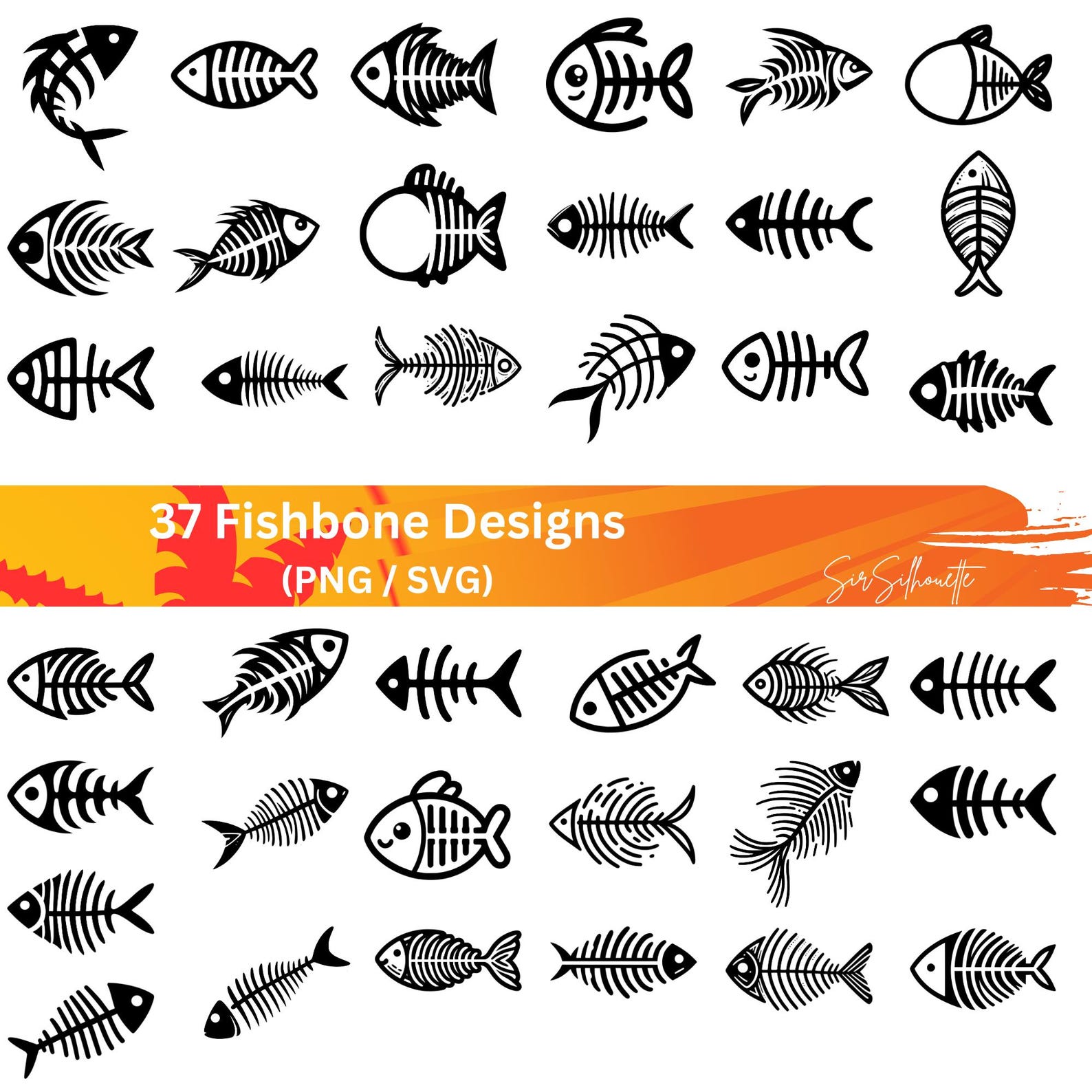 Fishbone SVG Bundle, 37 Fishbone Designs, PNG - Etsy