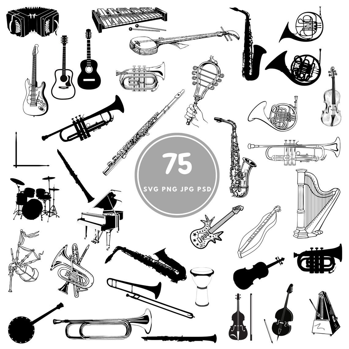 Music Design SVG 75 Instruments Svg Bundle PNG PSD - Etsy