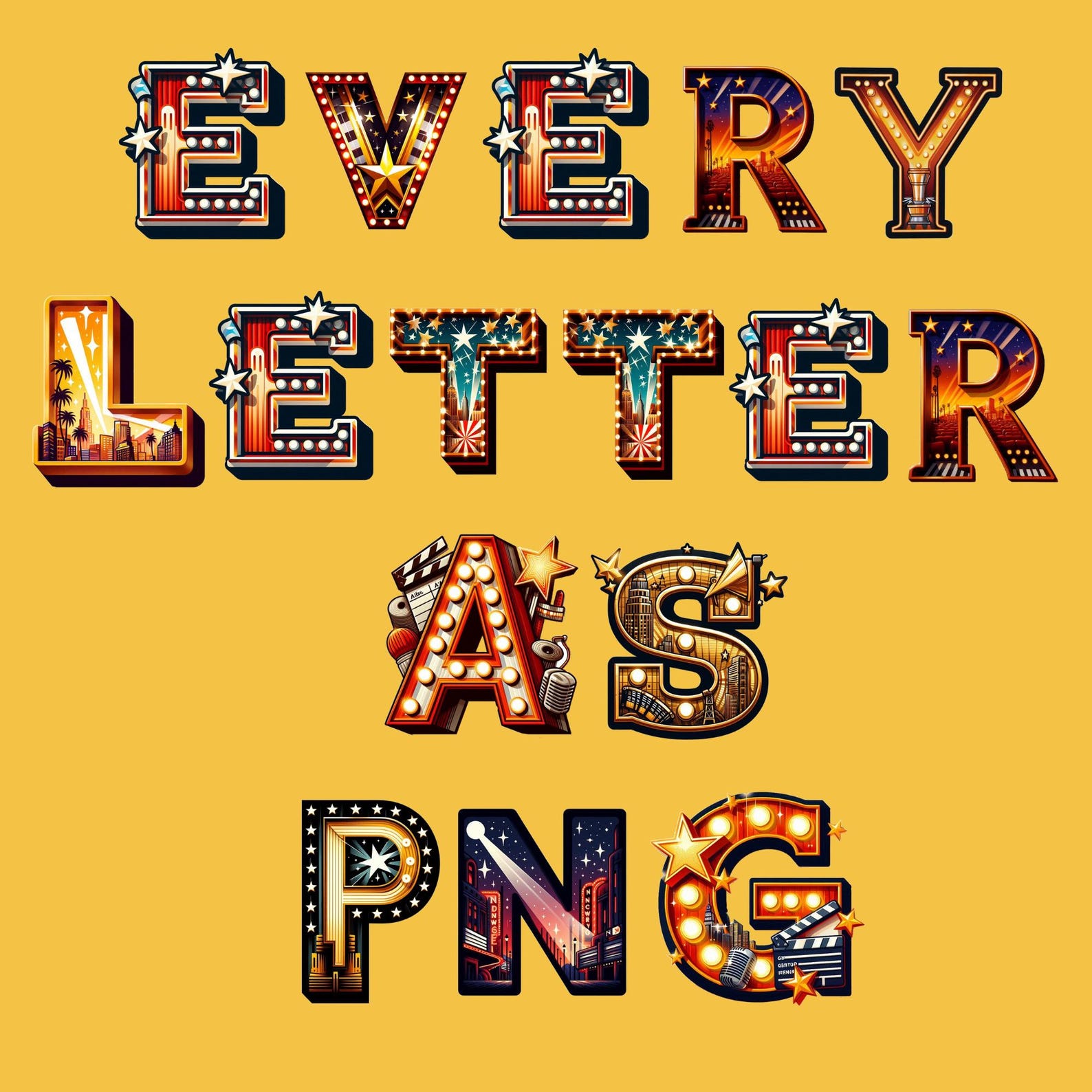 Hollywood Font, Alphabet With Hollywood Design, Hollywood Letters as ...