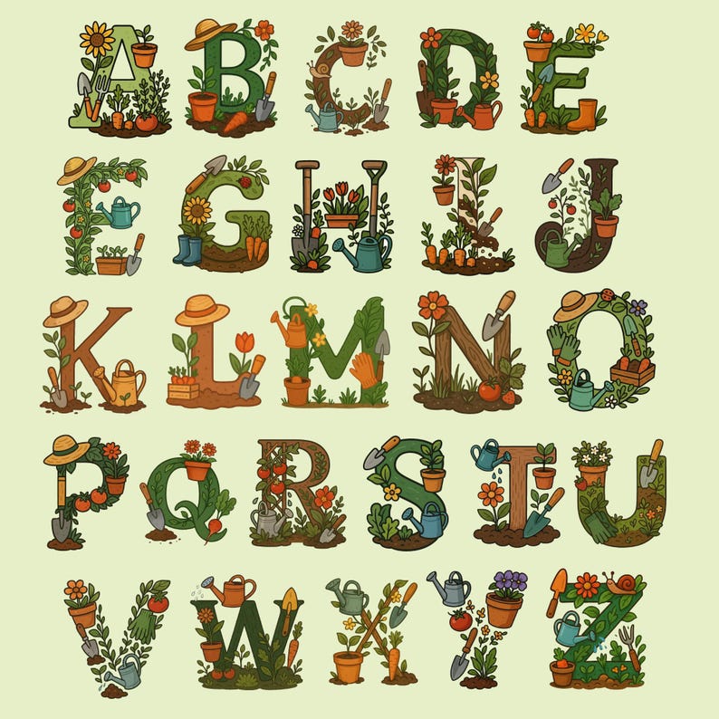 Gardening Alphabet Clipart, Botanical PNG Letters, Greenhouse ...