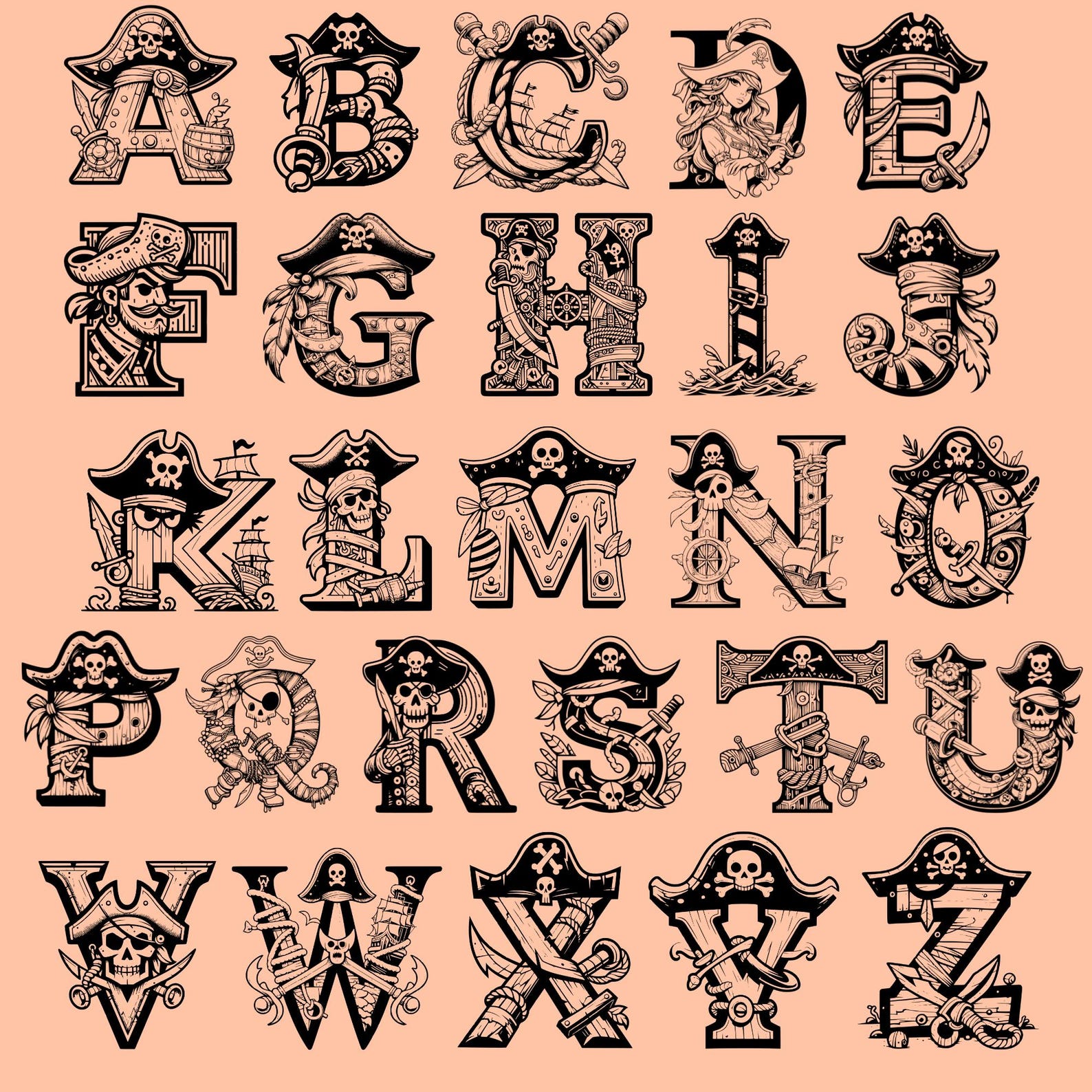 Pirate Alphabet Coloring PNG – Treasure Letters for Kids - Etsy